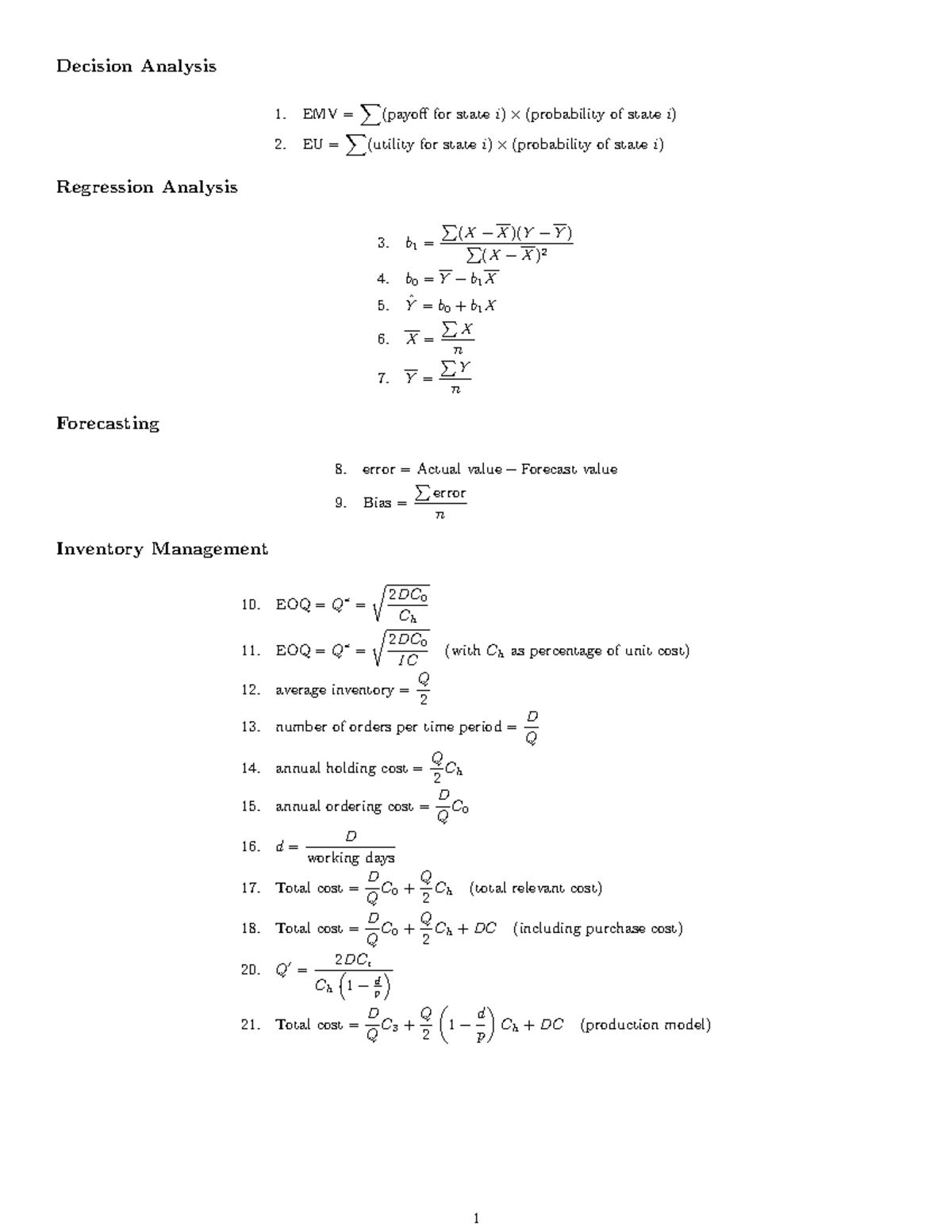Formula Sheet for Decision Analysis and Inventory Management - Studocu