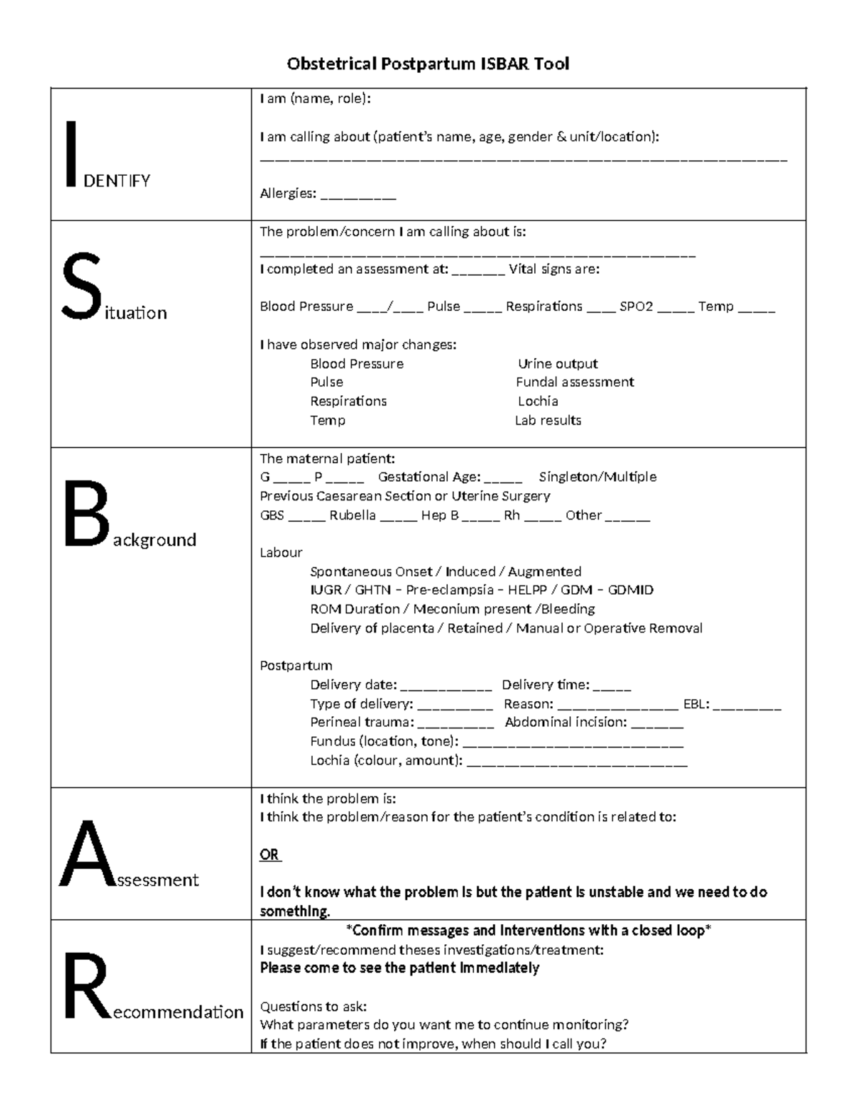 Obstetrical Postpartum ISBAR Tool: Assessment & Recommendations Guide ...