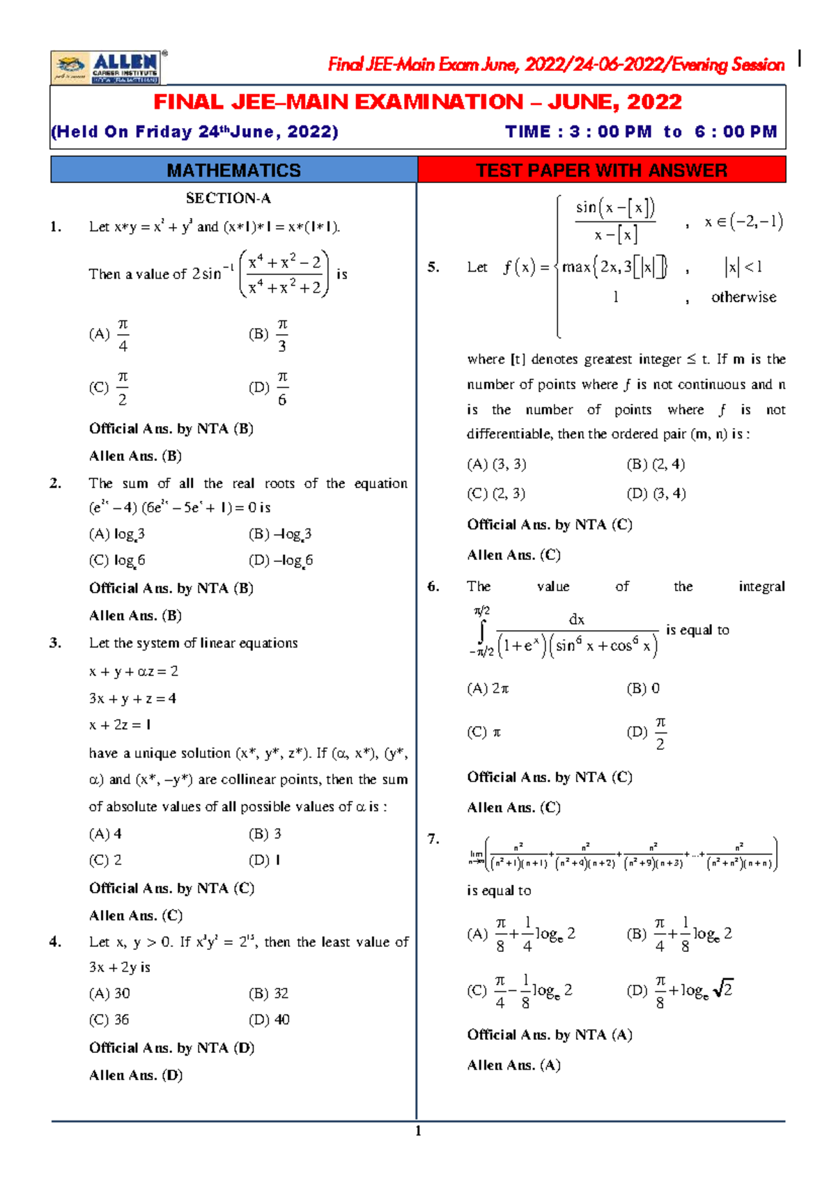 Final Exam 2406 Mathematics Paper with Answers - June 2022 - Studocu