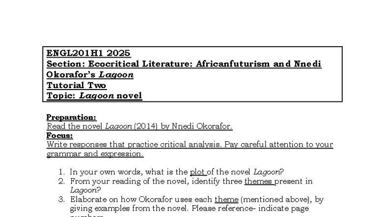 ENGL201H1 2025: Ecocritical Analysis of Nnedi Okorafor's Lagoon - Studocu