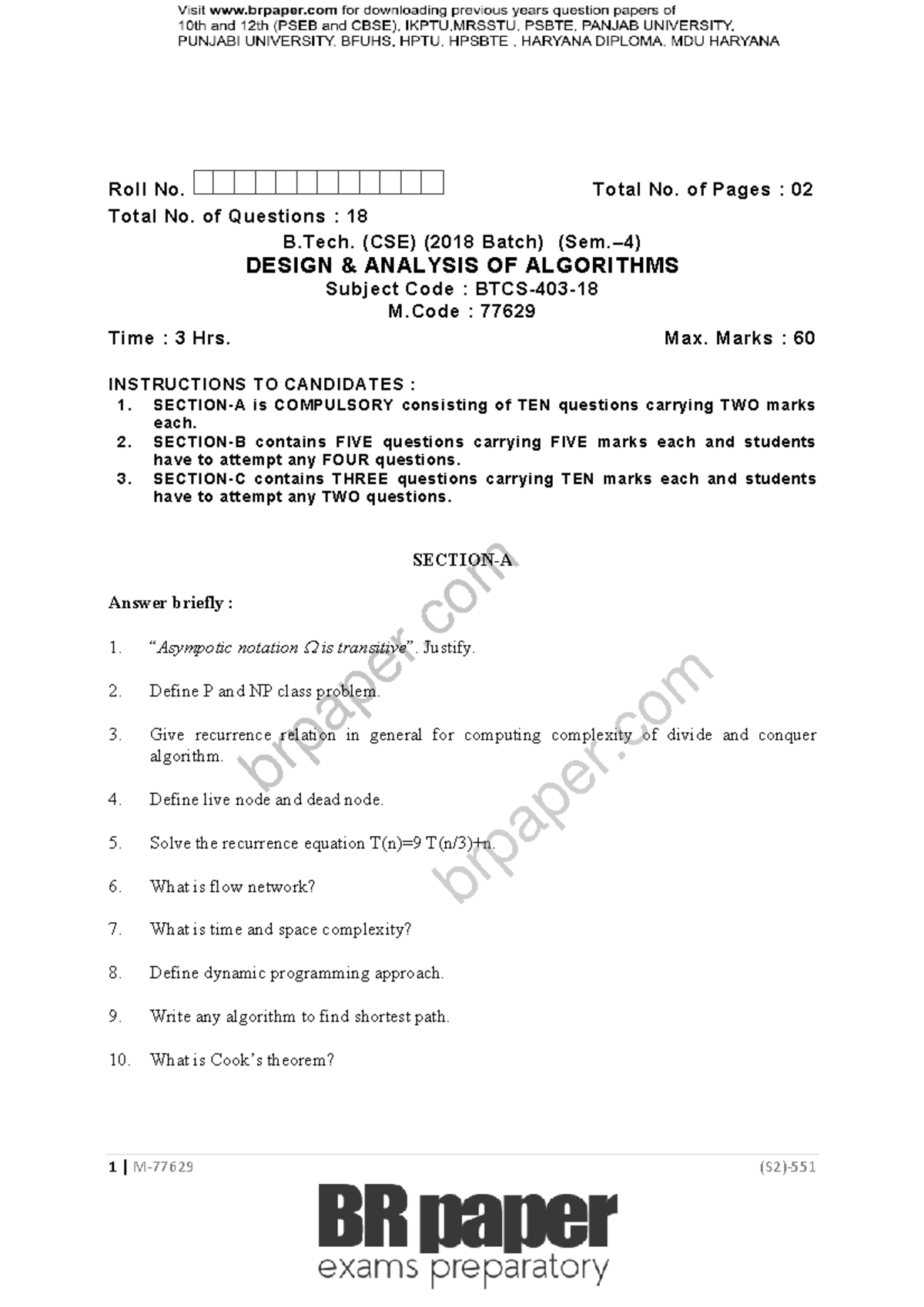 BTCS-403-18 Final Exam Question Paper - Design & Analysis of Algorithms ...