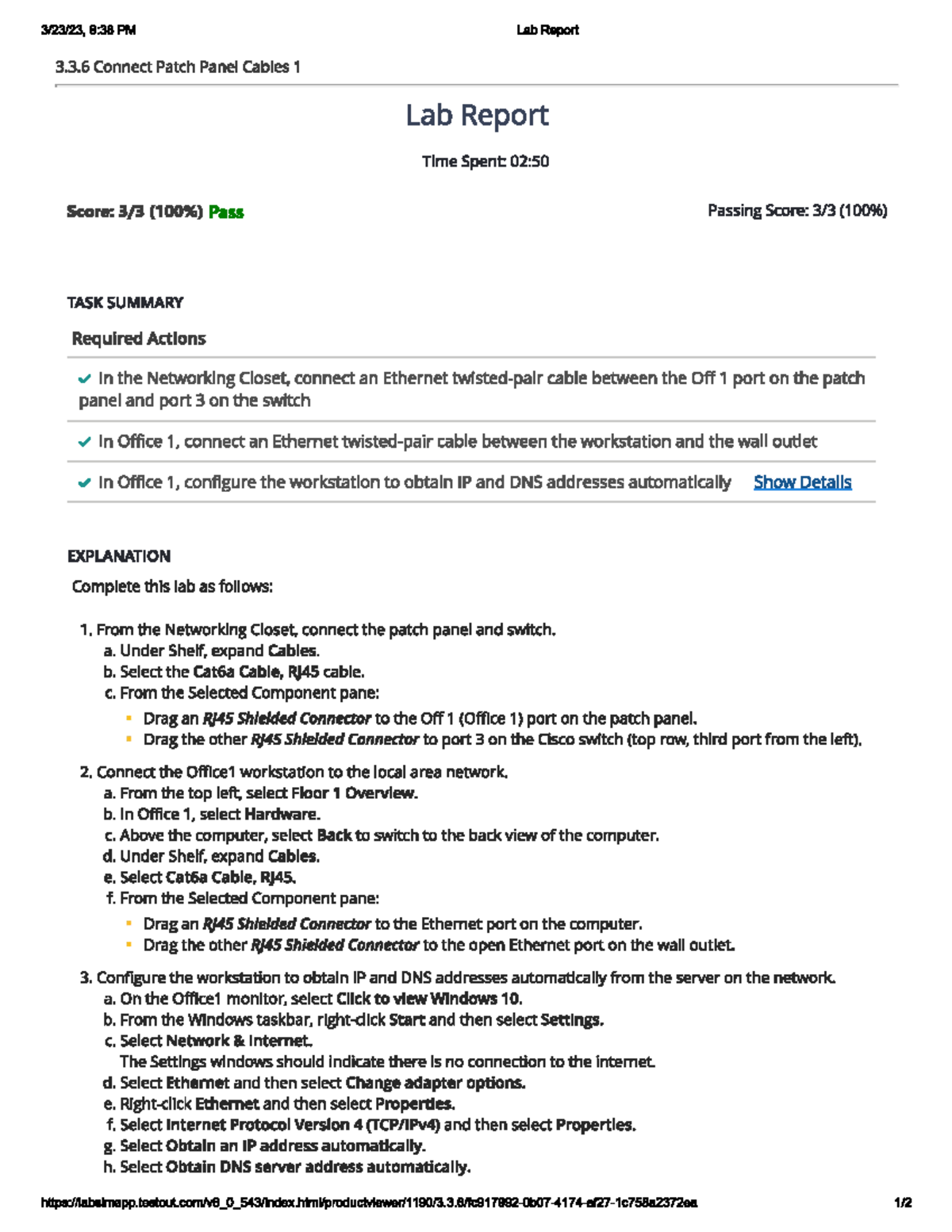 Lab Report 3.3.6: Connecting Patch Panel and Workstation Cables - Studocu