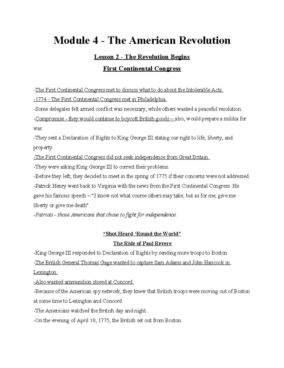 Module 4 - American Revolution Lessons 2-5 Study Notes - Studocu