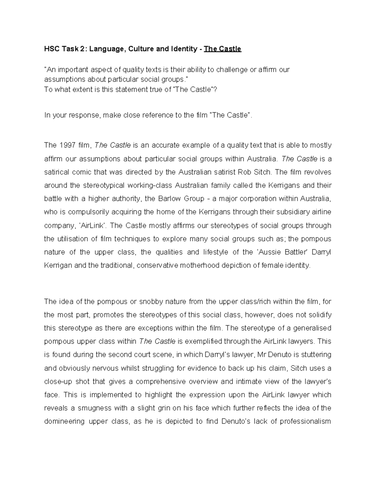 - HSC Task 2 Language, Culture and Identity - The Castle - HSC Task 2 ...