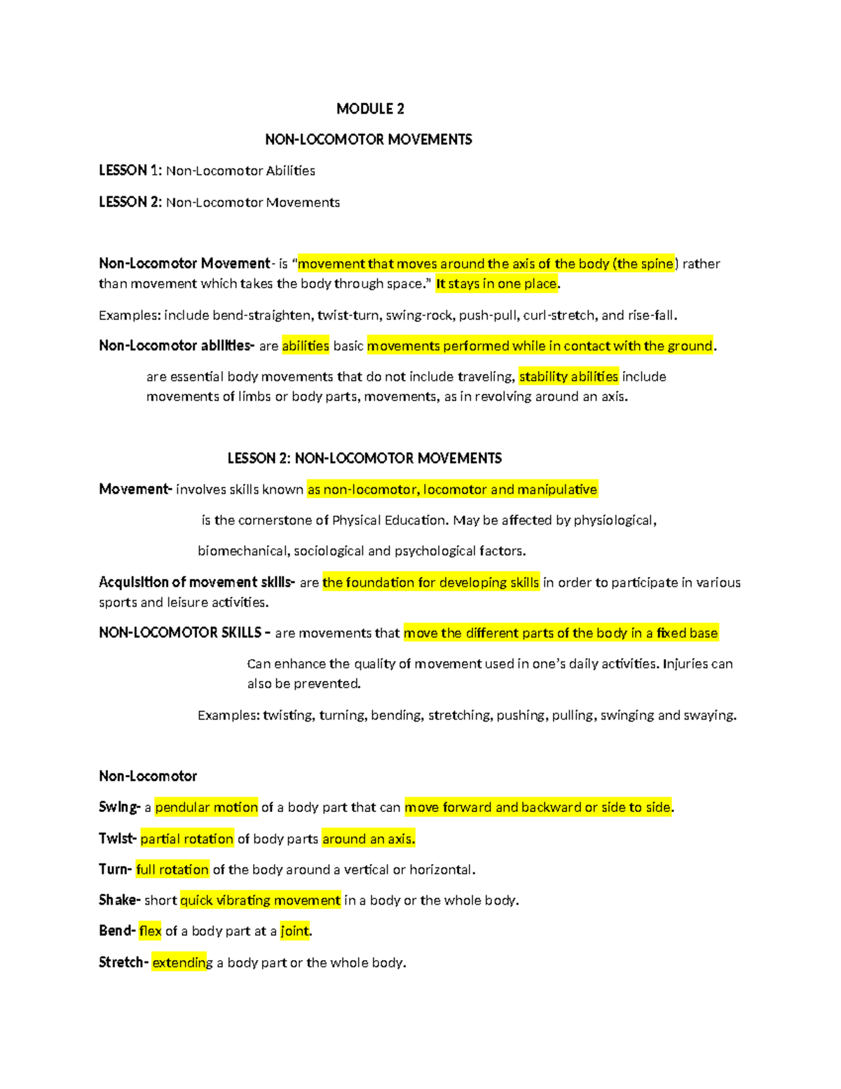 PE 101 Non-Locomotor and Locomotor Movements Study Guide - Studocu