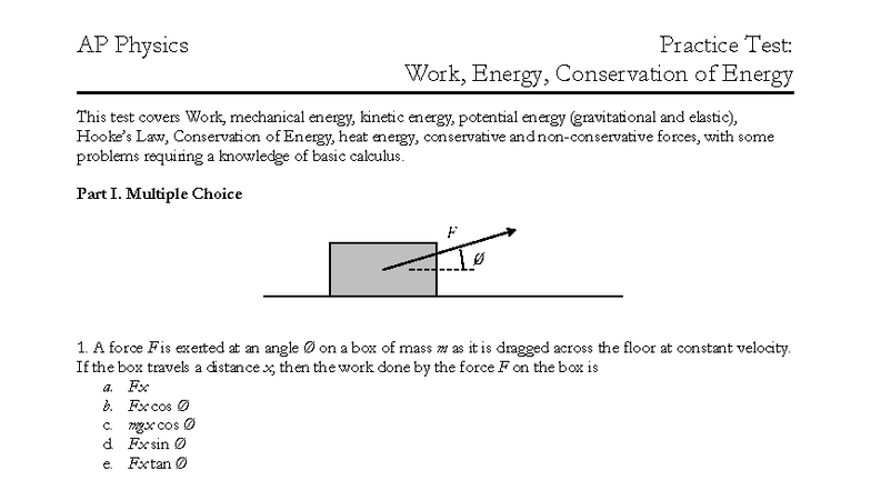 AP Physics Practice Test 4: Work, Energy, Conservation of Energy - Studocu