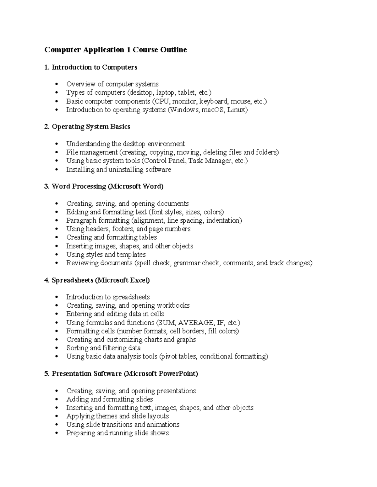 COMP101: Computer Application 1 Course Outline & Key Topics - Studocu