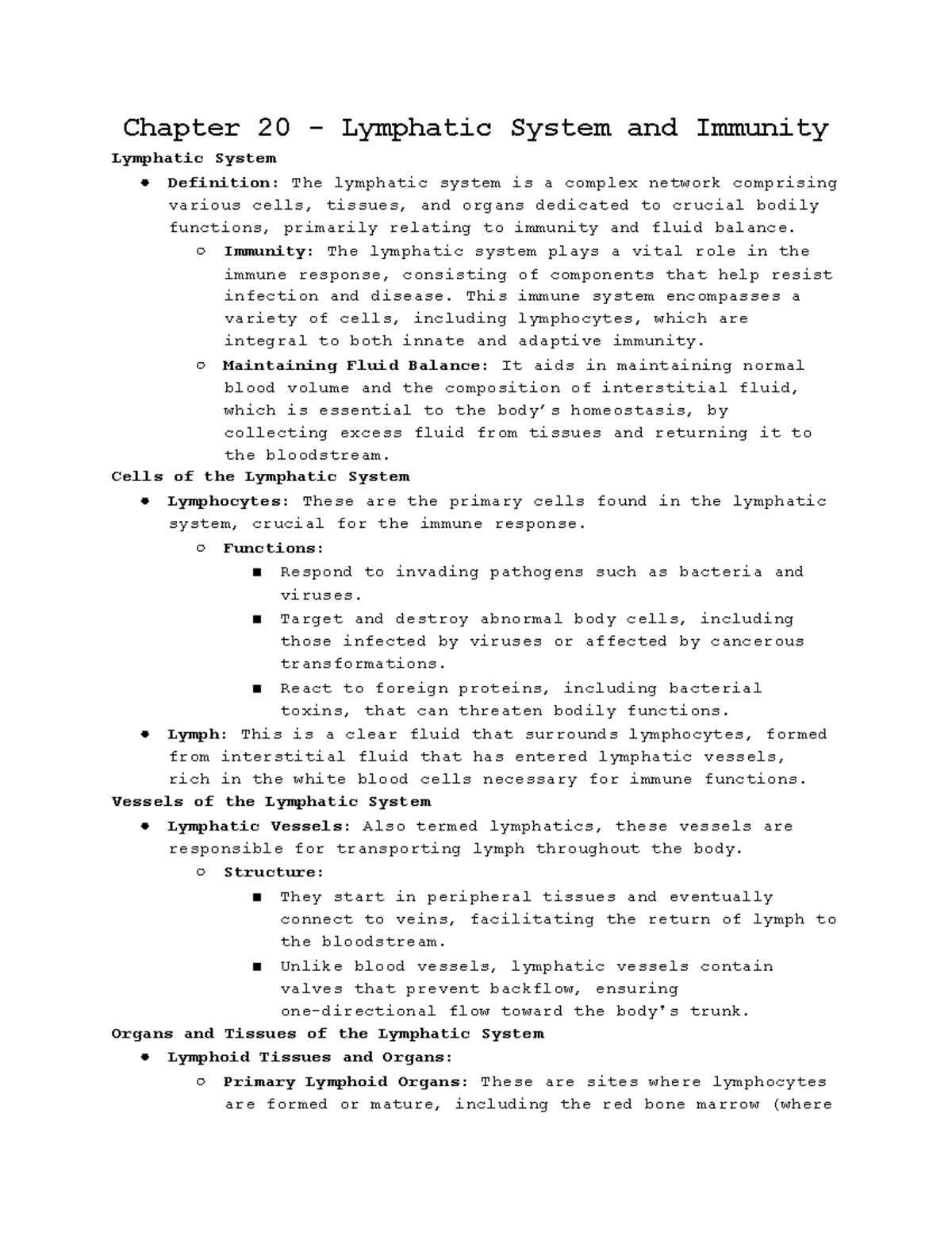 Lymphatic System and Immunity Overview - Chapter 20 Notes - Studocu