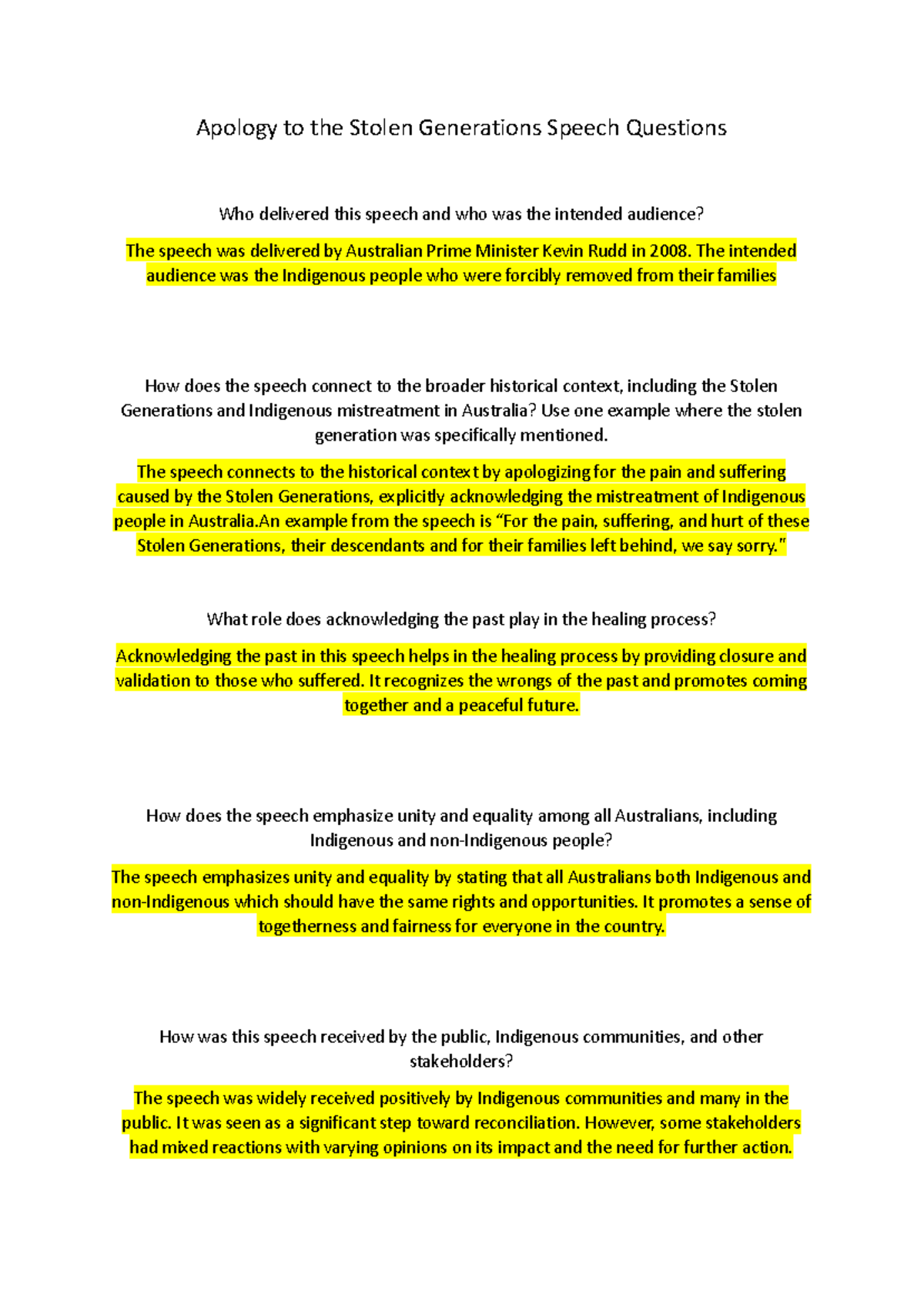 Apology to the Stolen Generations Speech: Key Analysis Questions - Studocu