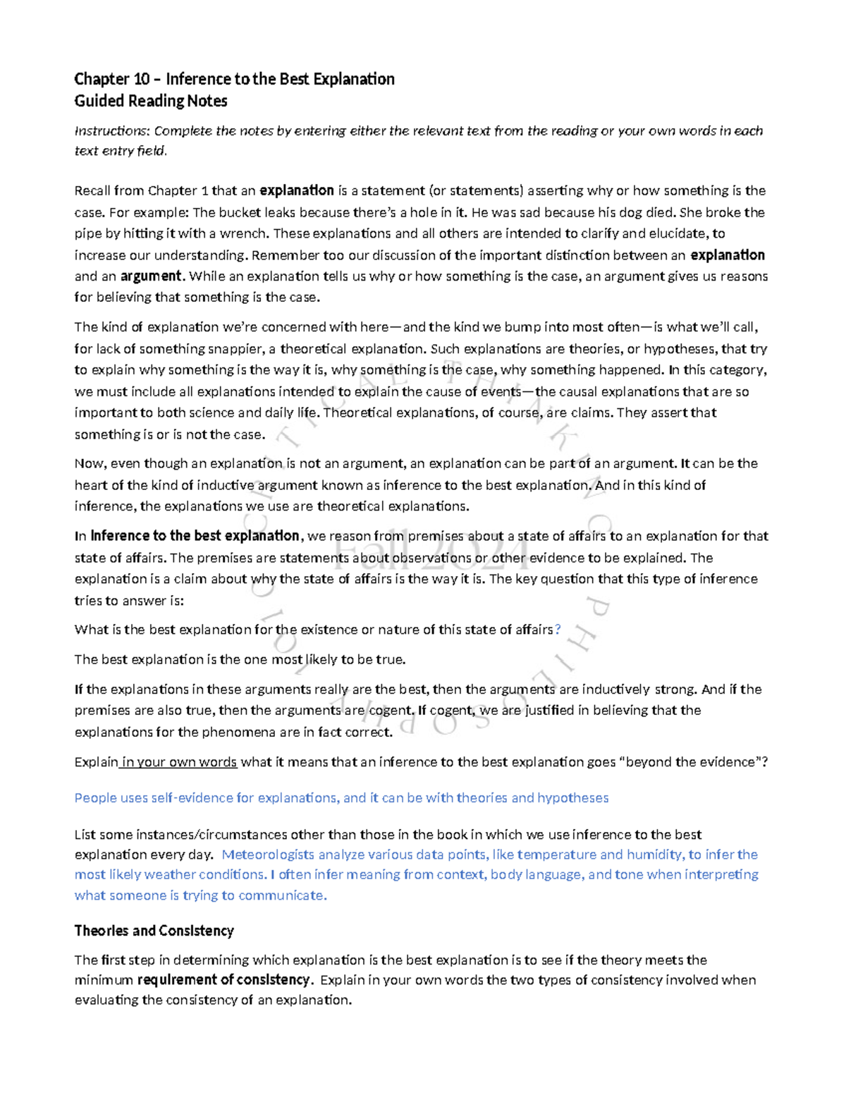 Chapter 10 Notes: Inference to the Best Explanation 002703100 - Studocu
