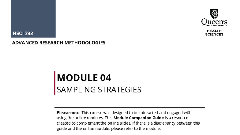HSCI 383 Module 04 Companion Guide: Advanced Sampling Strategies - Studocu