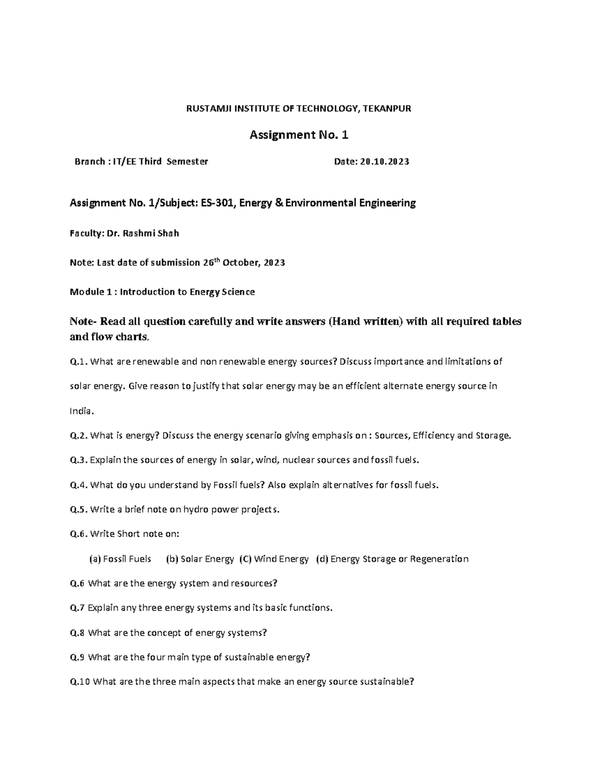 RUSTAMJI INSTITUTE OF TECHNOLOGY, TEKANPUR Energy Environmental Engg ...