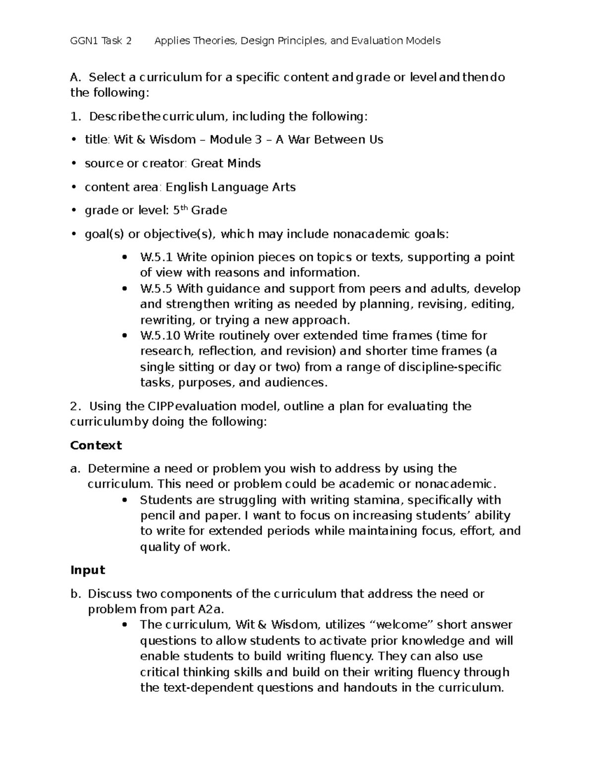 GGN1 Task 2 - Evaluating Wit Wisdom Curriculum for 5th Grade ELA - Studocu
