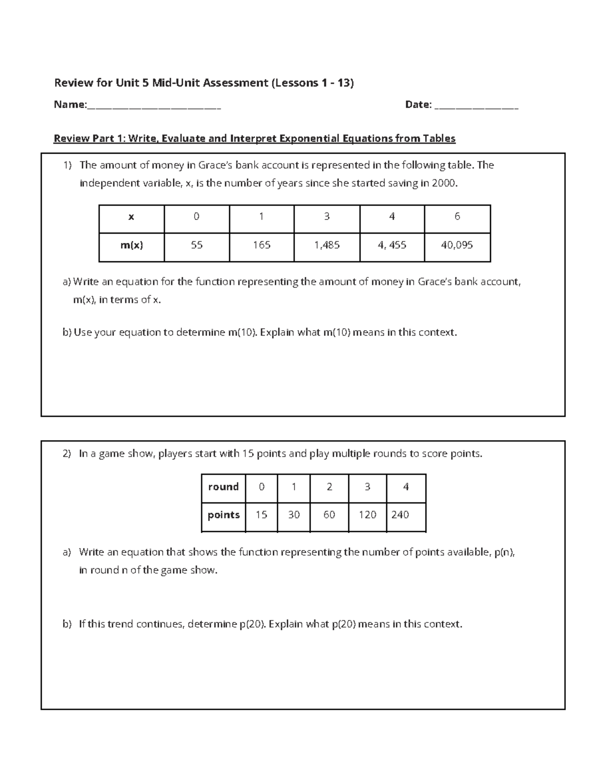 Unit 5 Mid-Unit Assessment Review: Exponential Equations & Graphs - Studocu
