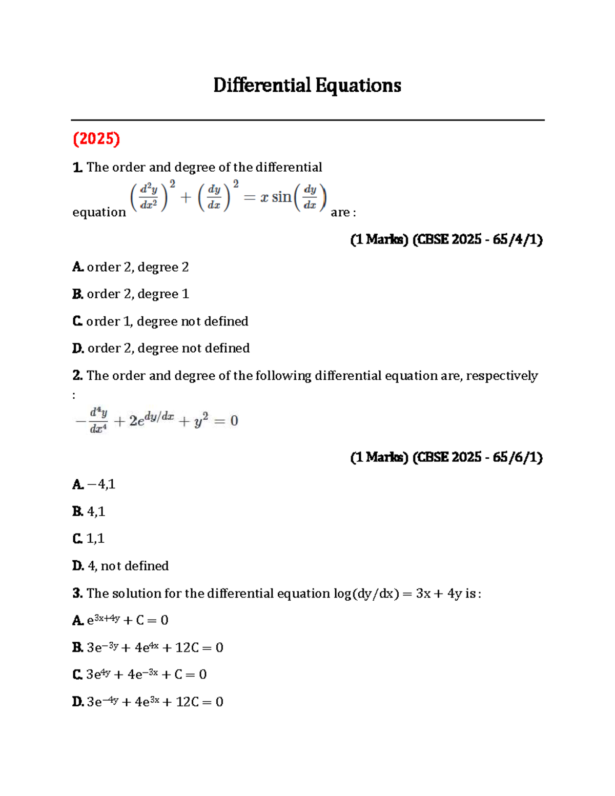 (2025) Differential Equations 1: Past Year Questions & Solutions - Studocu