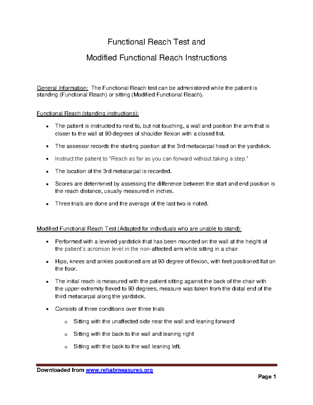 Functional Reach Test (FRT) and Modified Instructions for Assessment ...