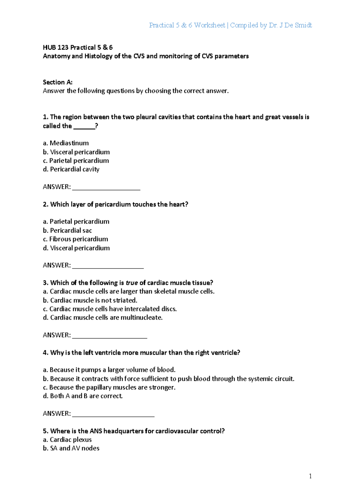 Practical 5 & 6 Worksheet: Anatomy & Histology of the CVS - HUB 123 ...