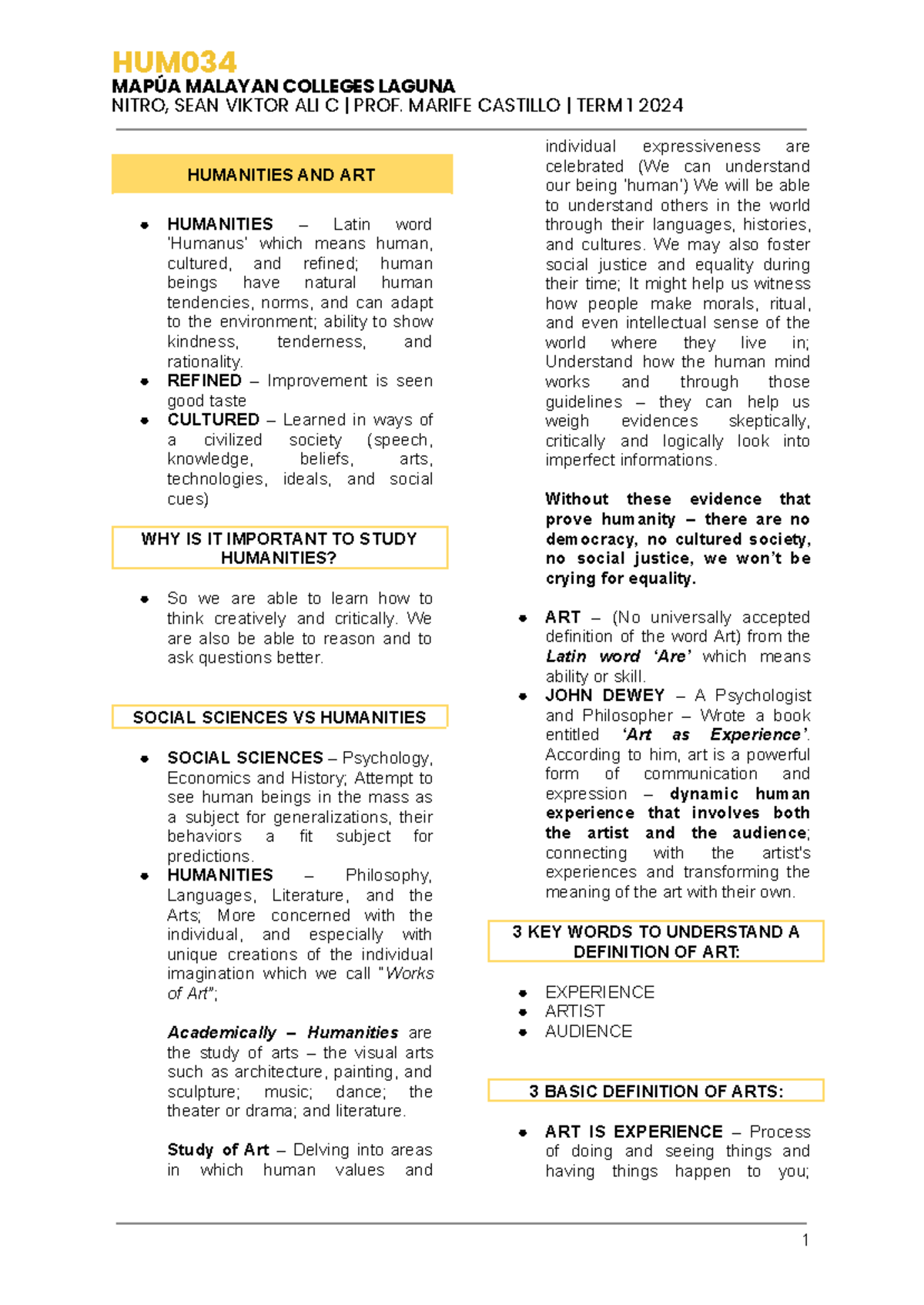HUM034 - Comprehensive Notes on Humanities and Arts - Term 1 2024 - Studocu