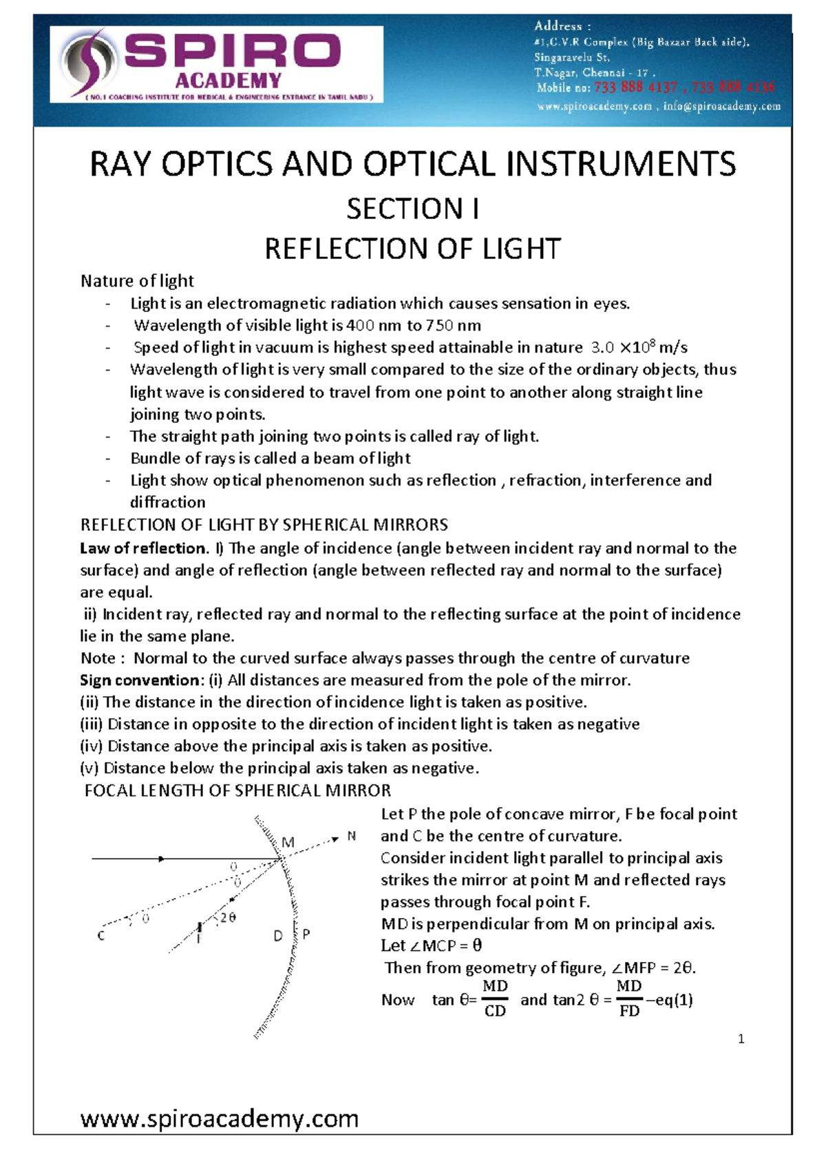 PHYSICS NOTES: RAY OPTICS & OPTICAL INSTRUMENTS (SECTION I) - Studocu