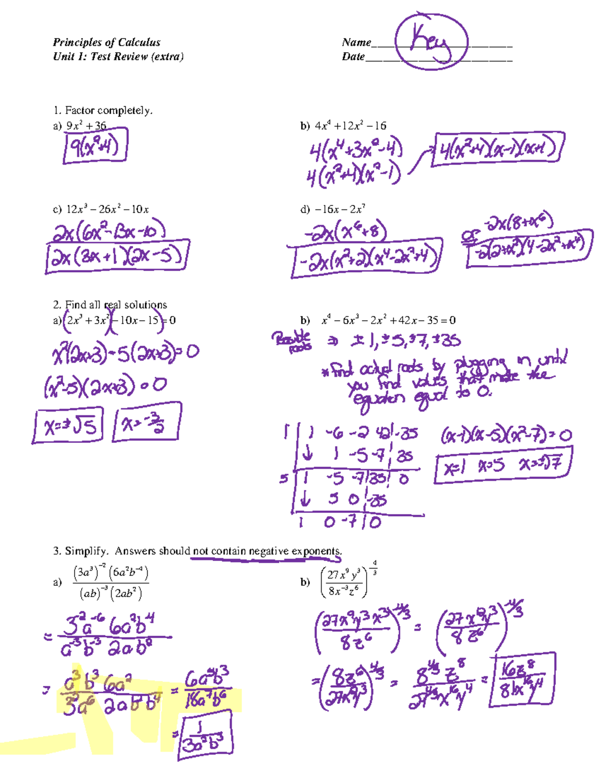 Principles of Calculus Unit 1: Test Review (Extra) Materials - Studocu