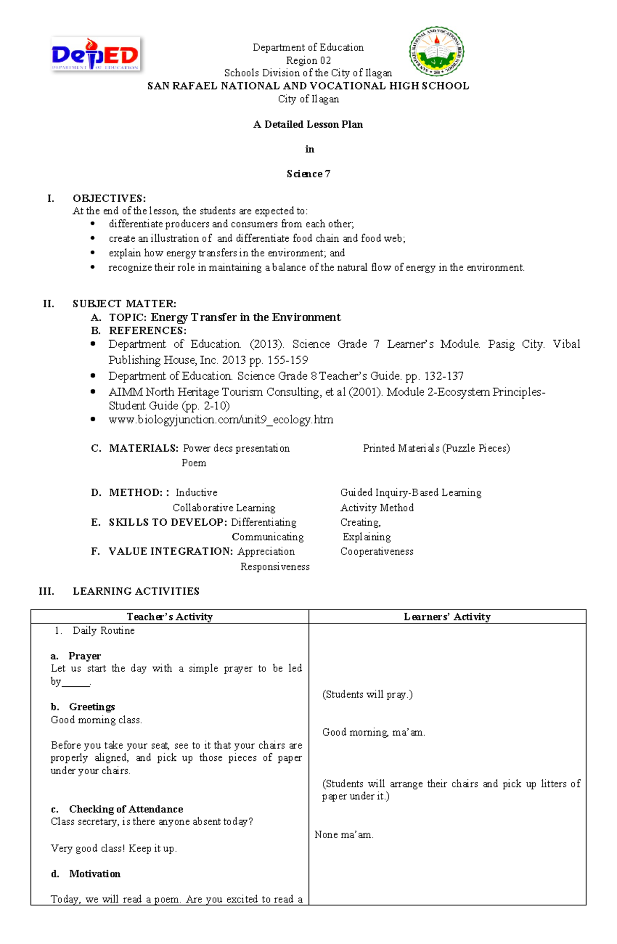Detailed Lesson Plan on Energy Transfer in the Environment - Science 7 ...