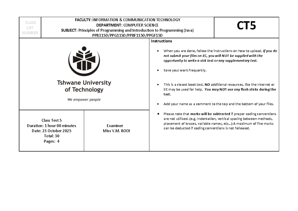PPB115D Principles of Programming Class Test 5 Instructions CT5 2025 ...