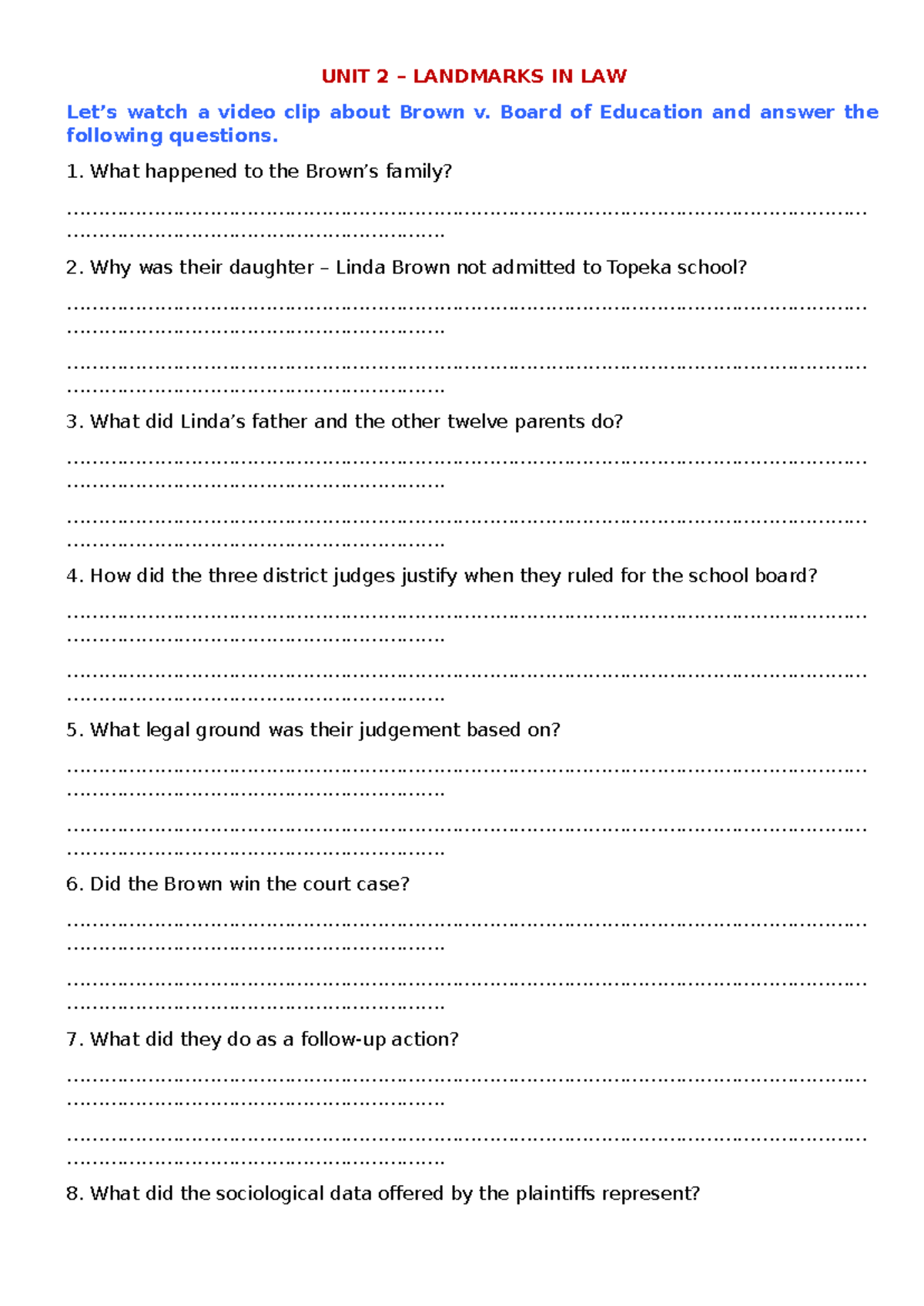 UNIT 2 - Supplementary Tasks on Landmark Case: Brown v. Board of Ed ...