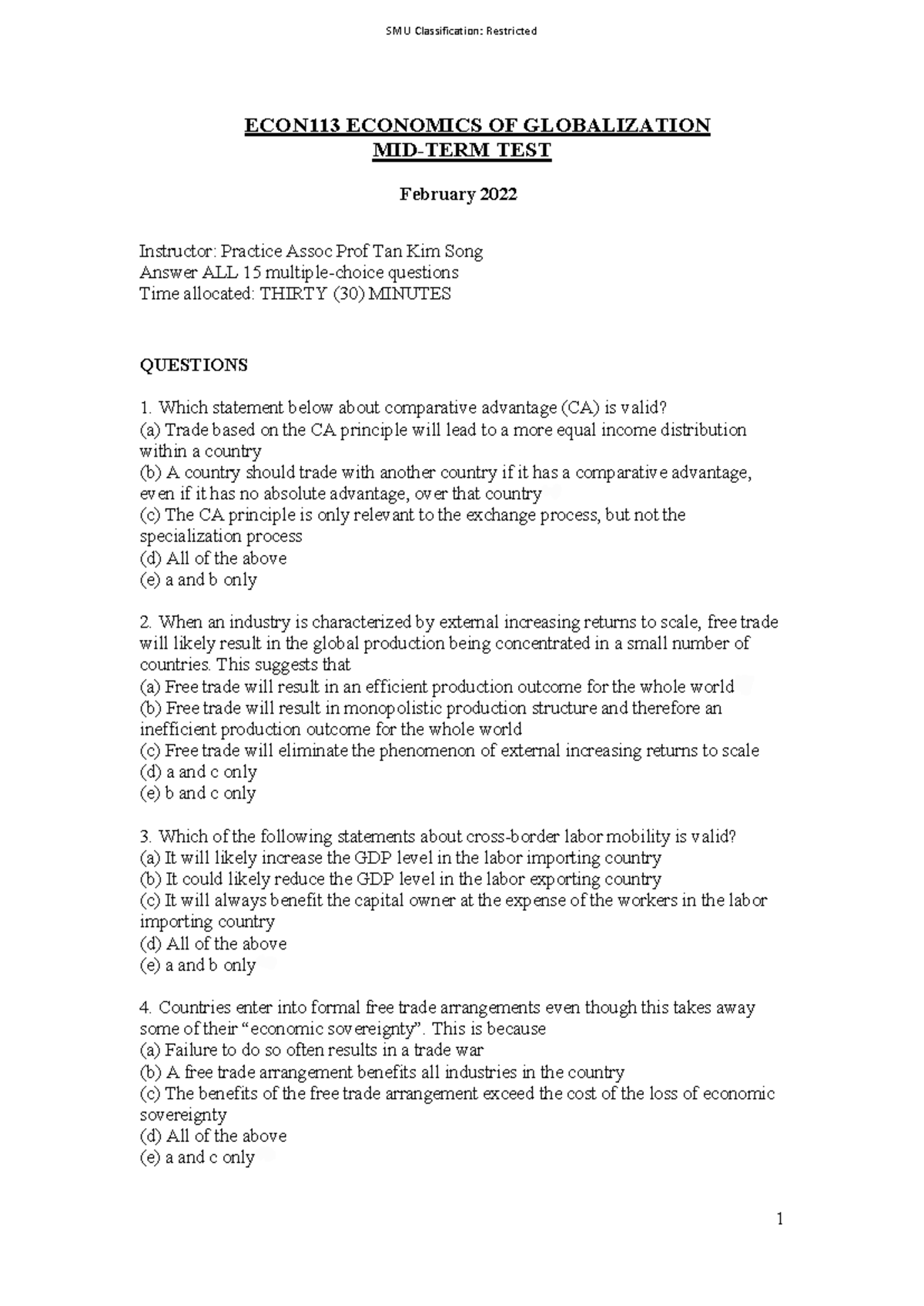 Midterm Test Questions for ECON 113: Economics of Globalization 2022 ...