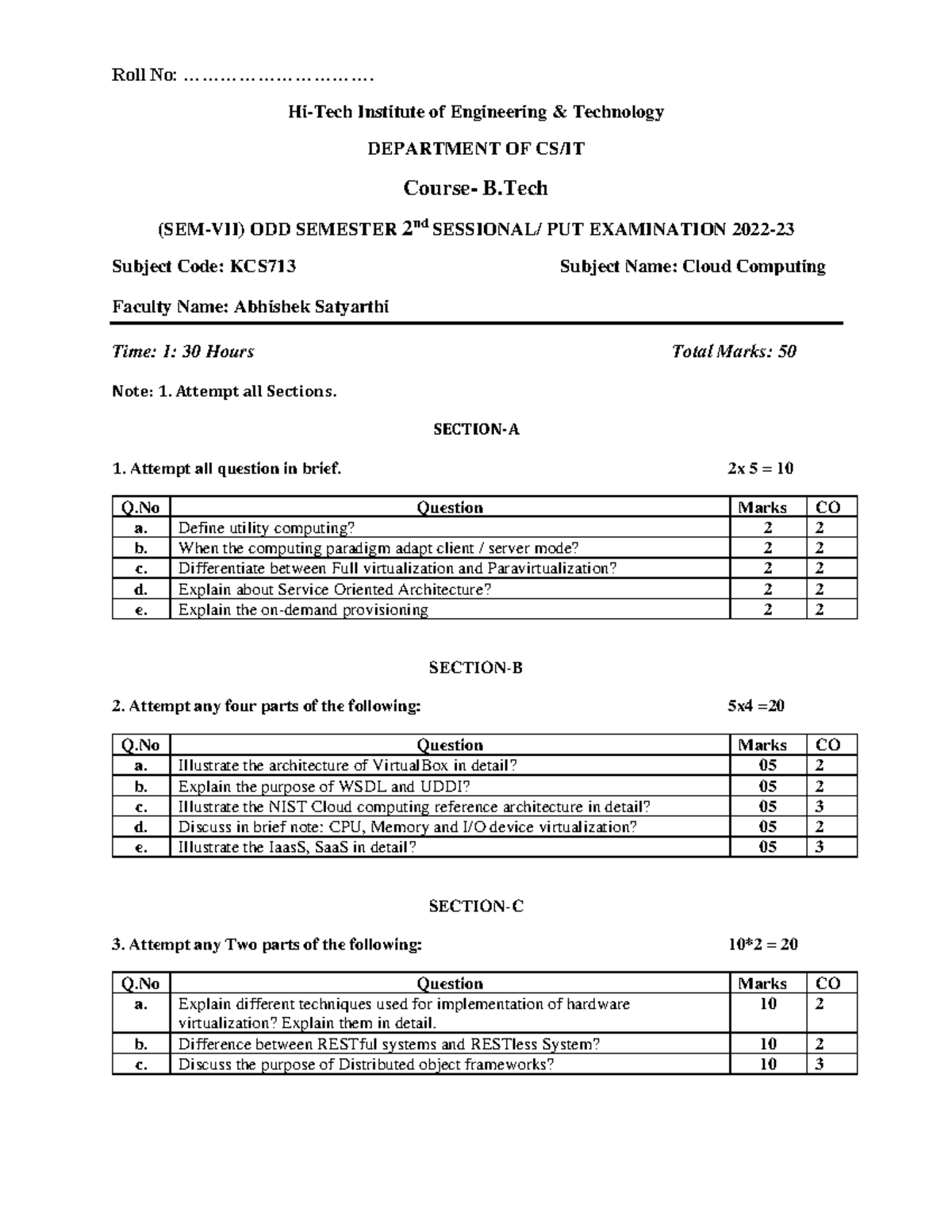 Cloud Computing paper 2 KCS 713 - Roll No: ............................... Hi-Tech Institute of ...