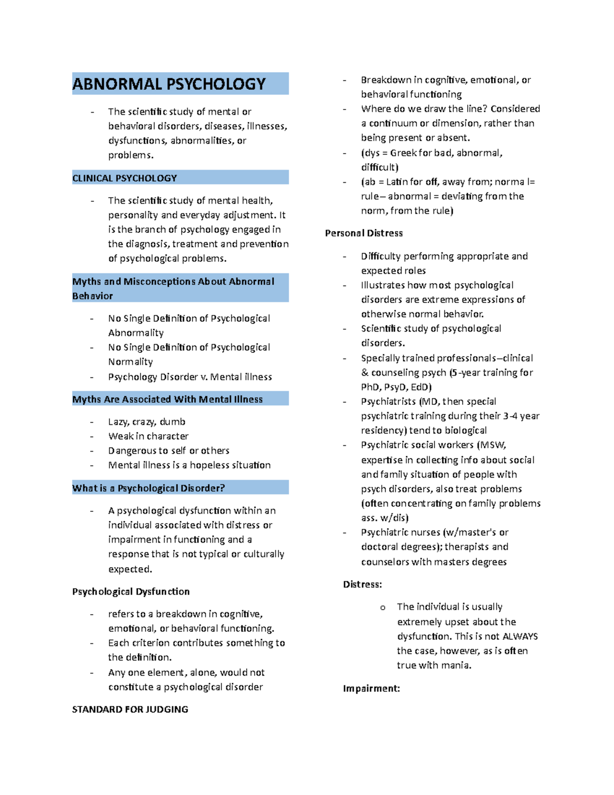 Abnormal Psychology Lecture Notes (Course Code: PSYCH 101) - Studocu