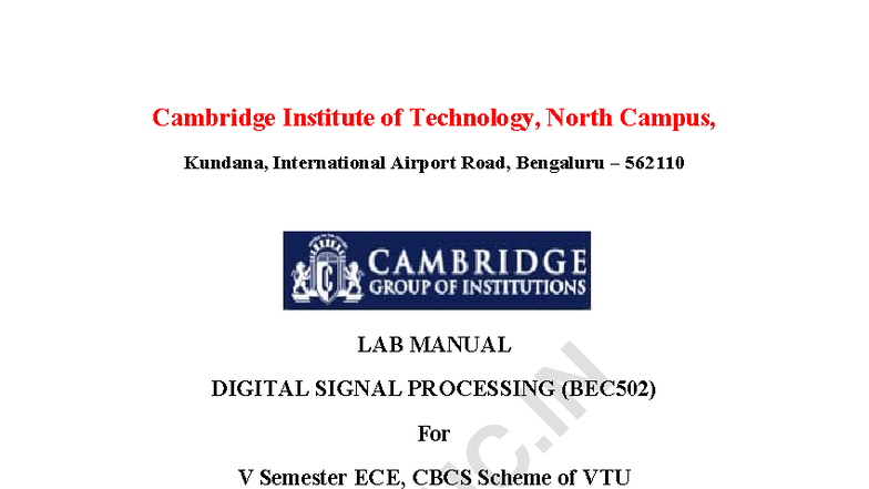 LAB MANUAL C for Digital Signal Processing (BEC502) - ECE 5th Sem - Studocu