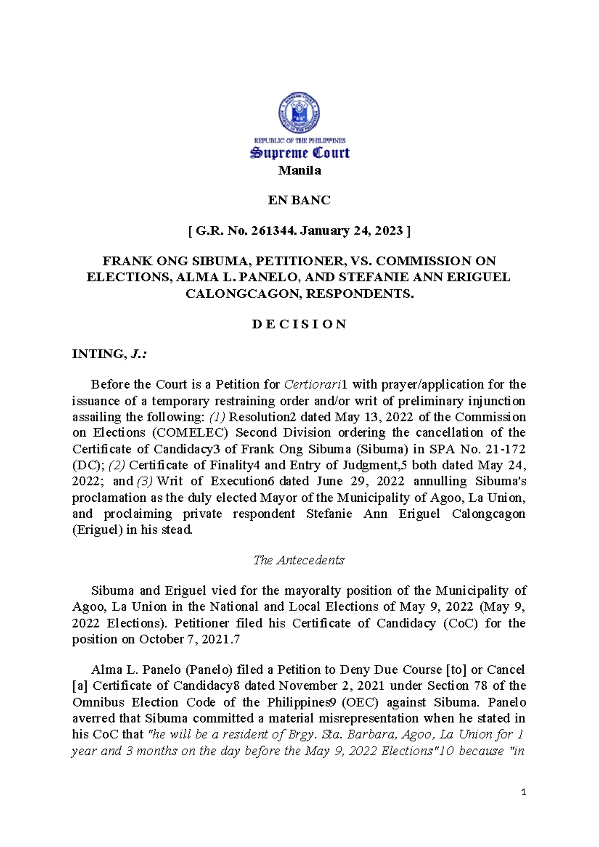 1 Sibuma vs. Comelec - Case G.R. No. 261344 Decision Analysis - Studocu
