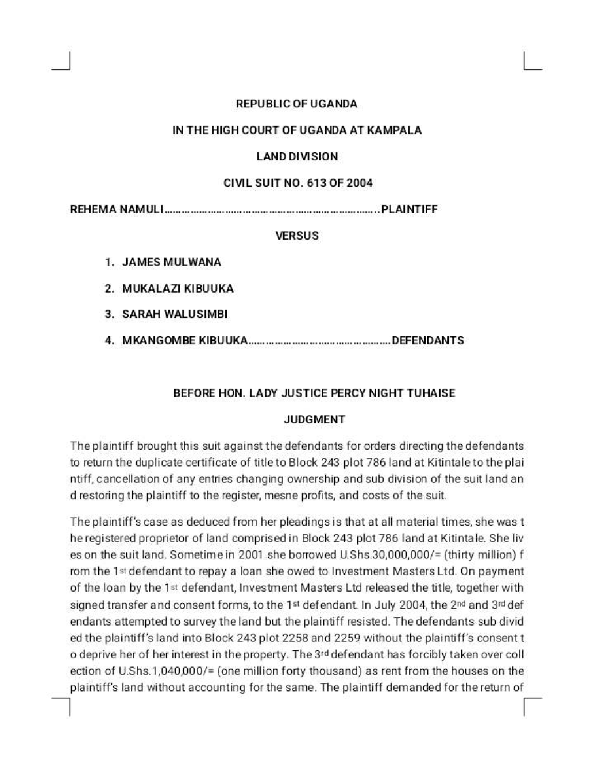 Namuli v Mulwana Ors (Civil Suit No. 613 of 2004) - Judgment Analysis ...