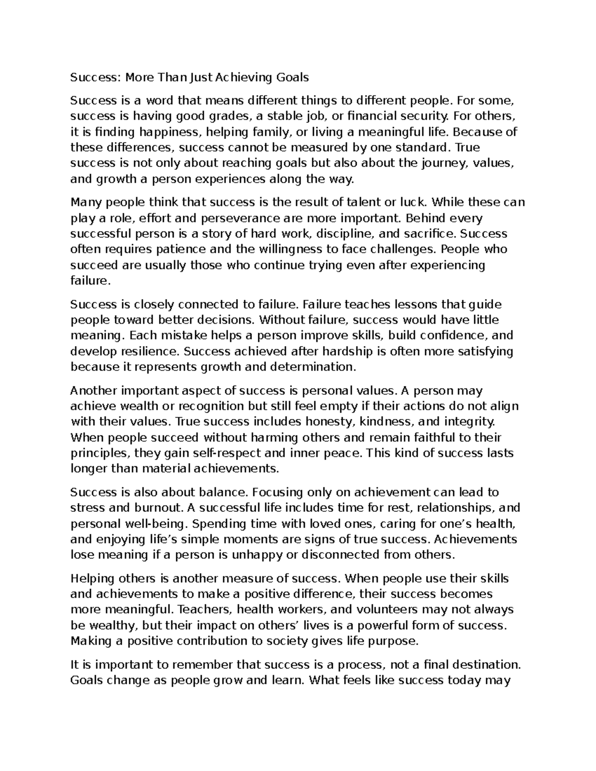 Success: A Comprehensive Essay on Its True Meaning - Studocu