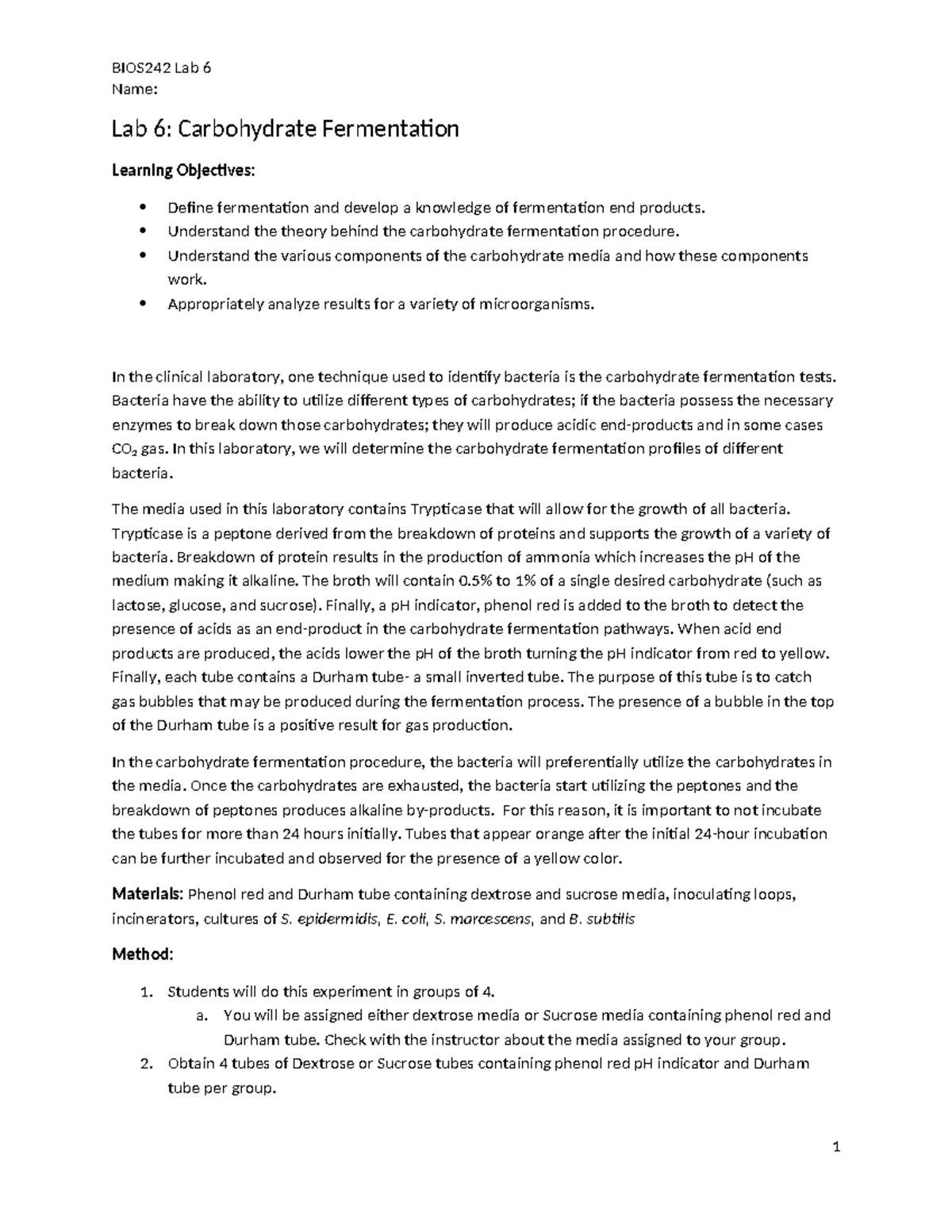 6TH BIOS242 Week 3 Lab 6 Carbohydrate Fermentation-1-1 - Name: Lab 6 ...