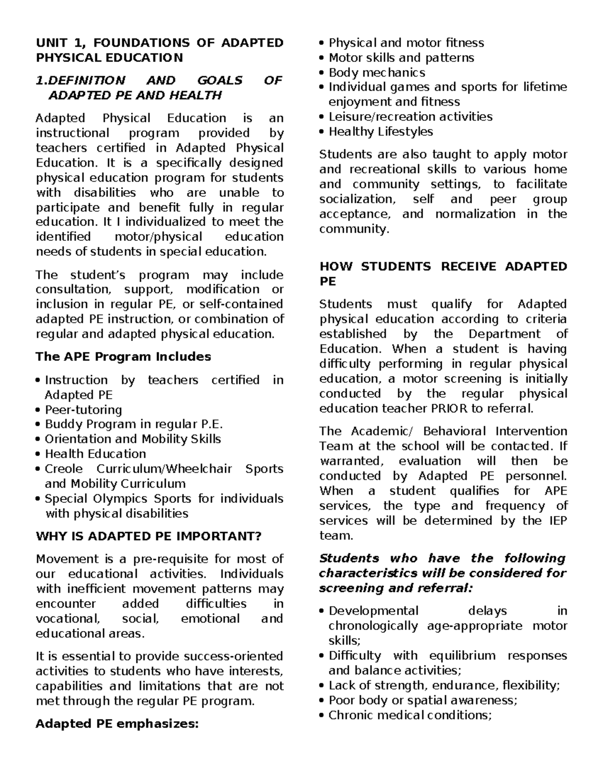 APE 101: Foundations of Adapted Physical Education and Its Goals - Studocu