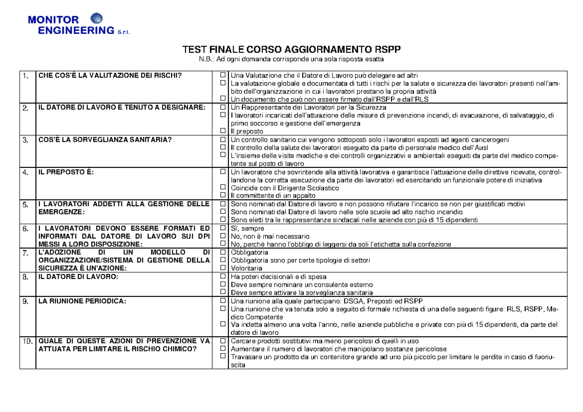 Test Finale RSPP CTS 2021: Domande e Risposte Essenziali - Studocu