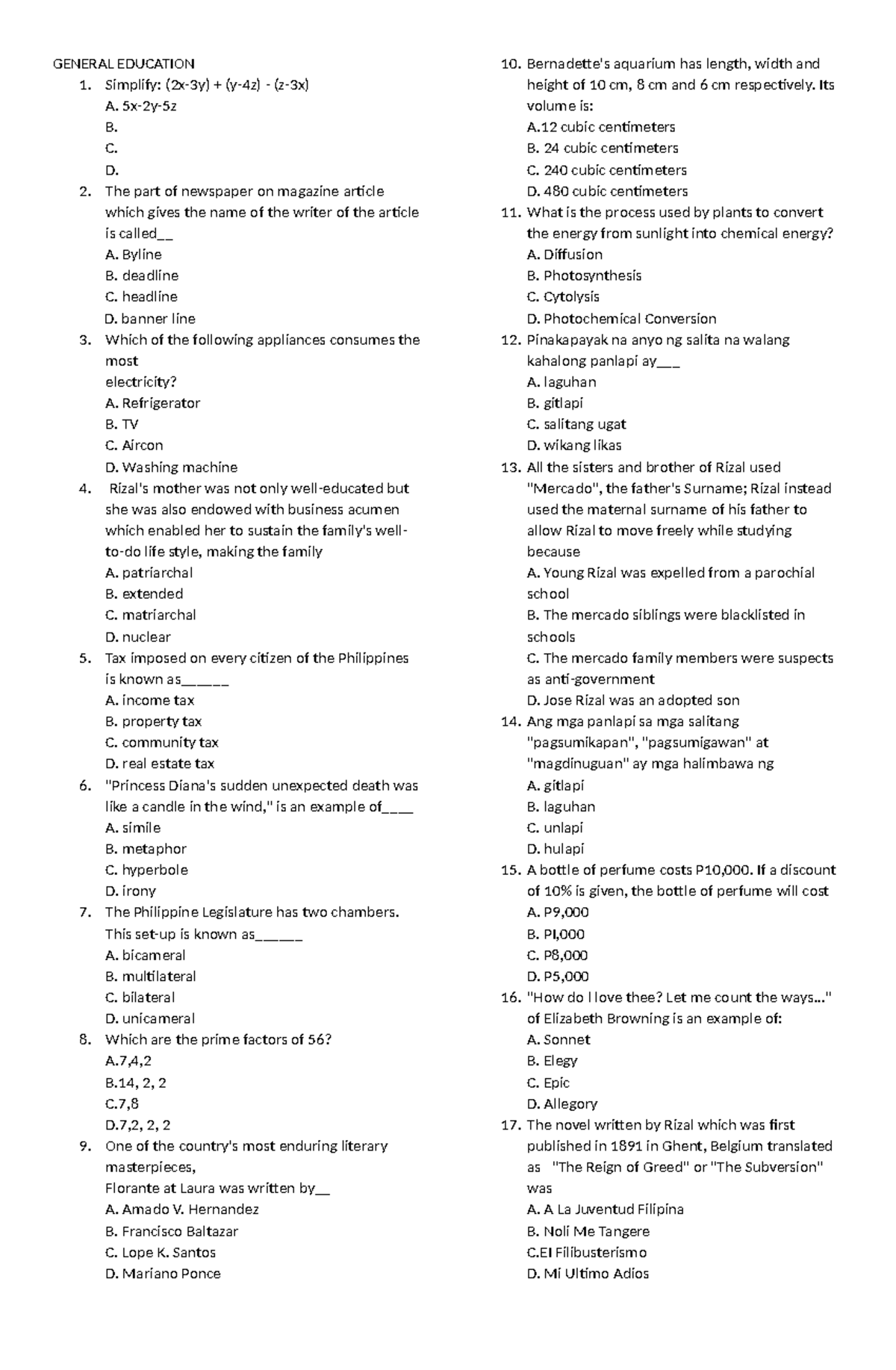 GELET Draft Reviewer: Questions on Filipino Literature & General ...