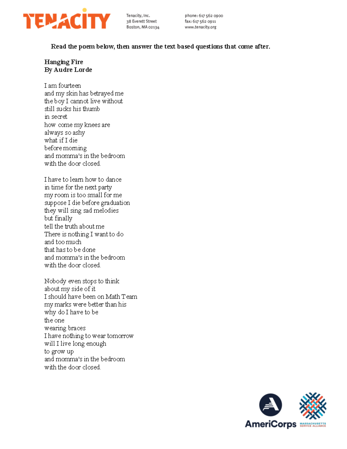 Analysis of "Hanging Fire" by Audre Lorde - Poem Response Questions ...