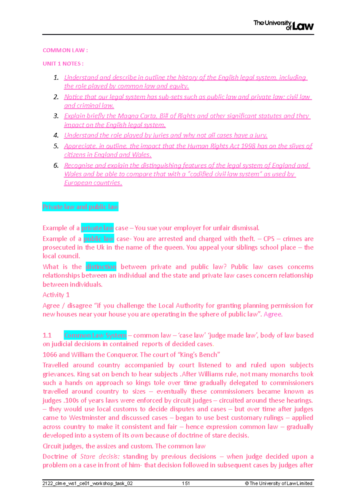 Common Law 1 - Unit 1 Study Notes on Legal History and Concepts - Studocu