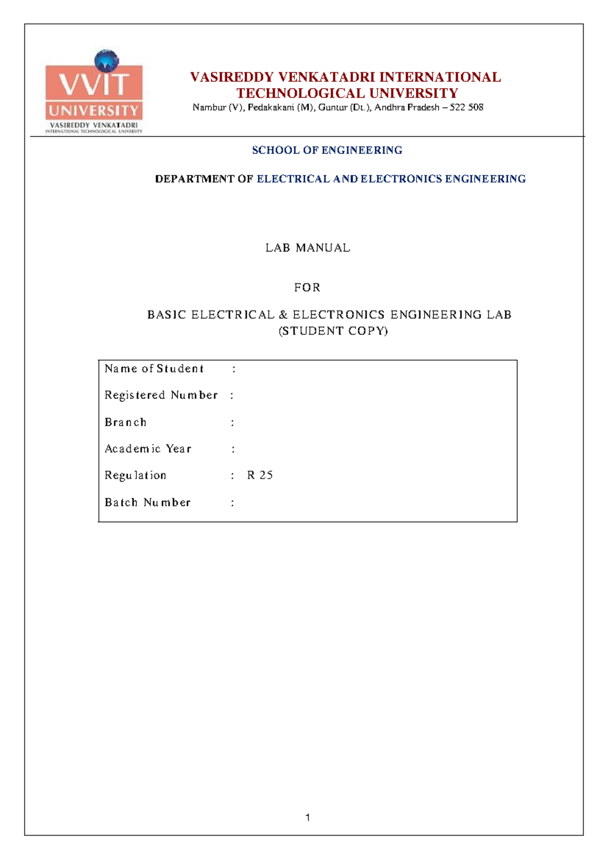 BEEE Lab Manual (R 25) - Basic Electrical & Electronics Engineering - Studocu