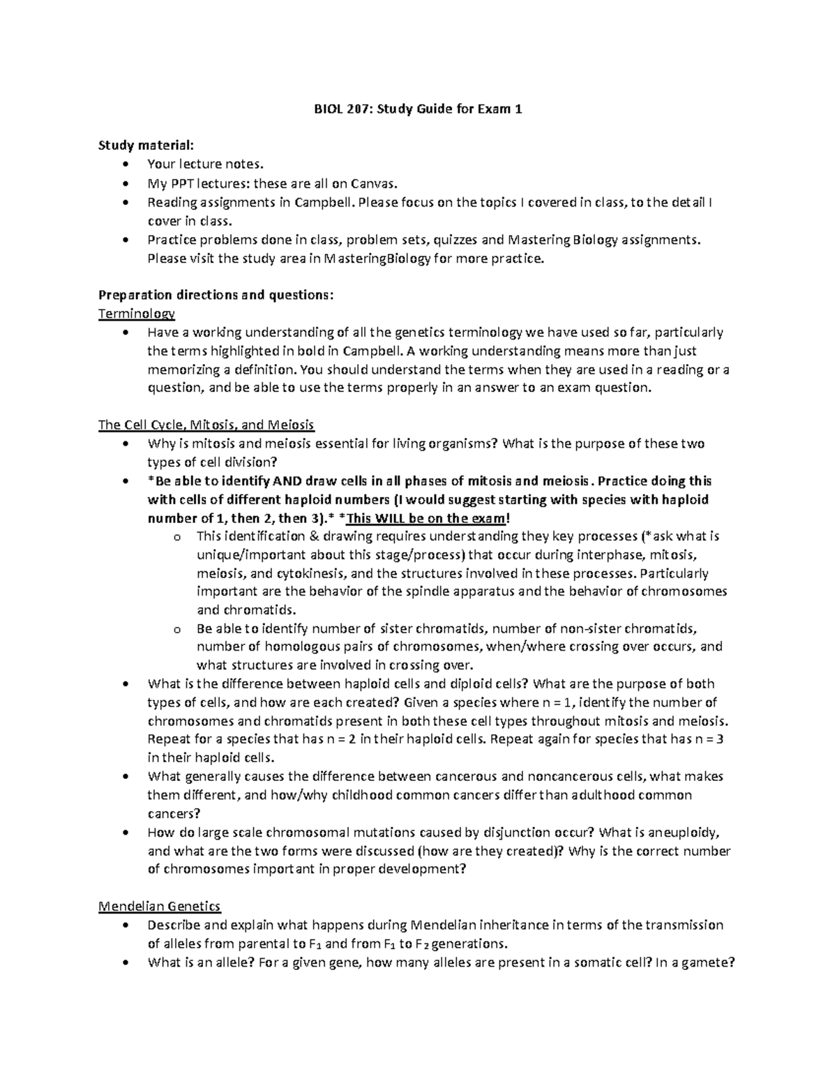 BIOL 207: Study Guide for Exam 1 - Mendelian Genetics & Cell Division ...