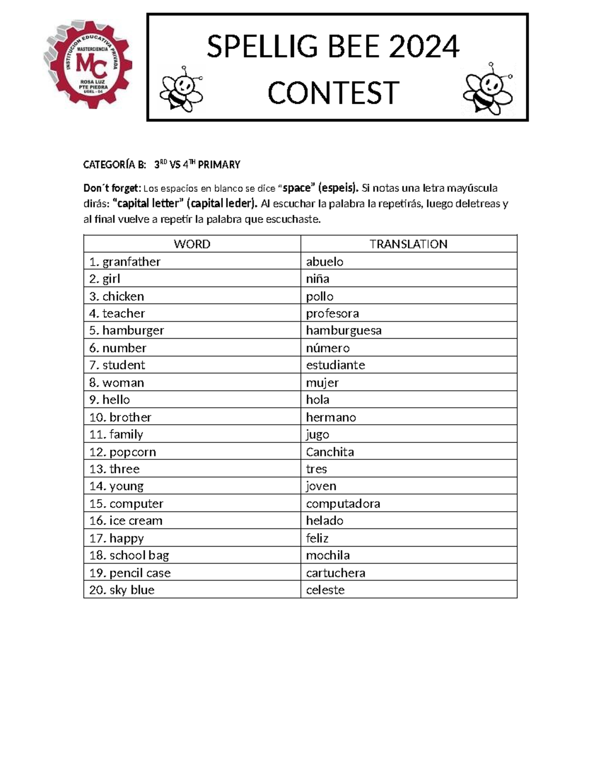 Spelling Bee 2024 Contest: 3rd vs 4th Primary Words List - Studocu