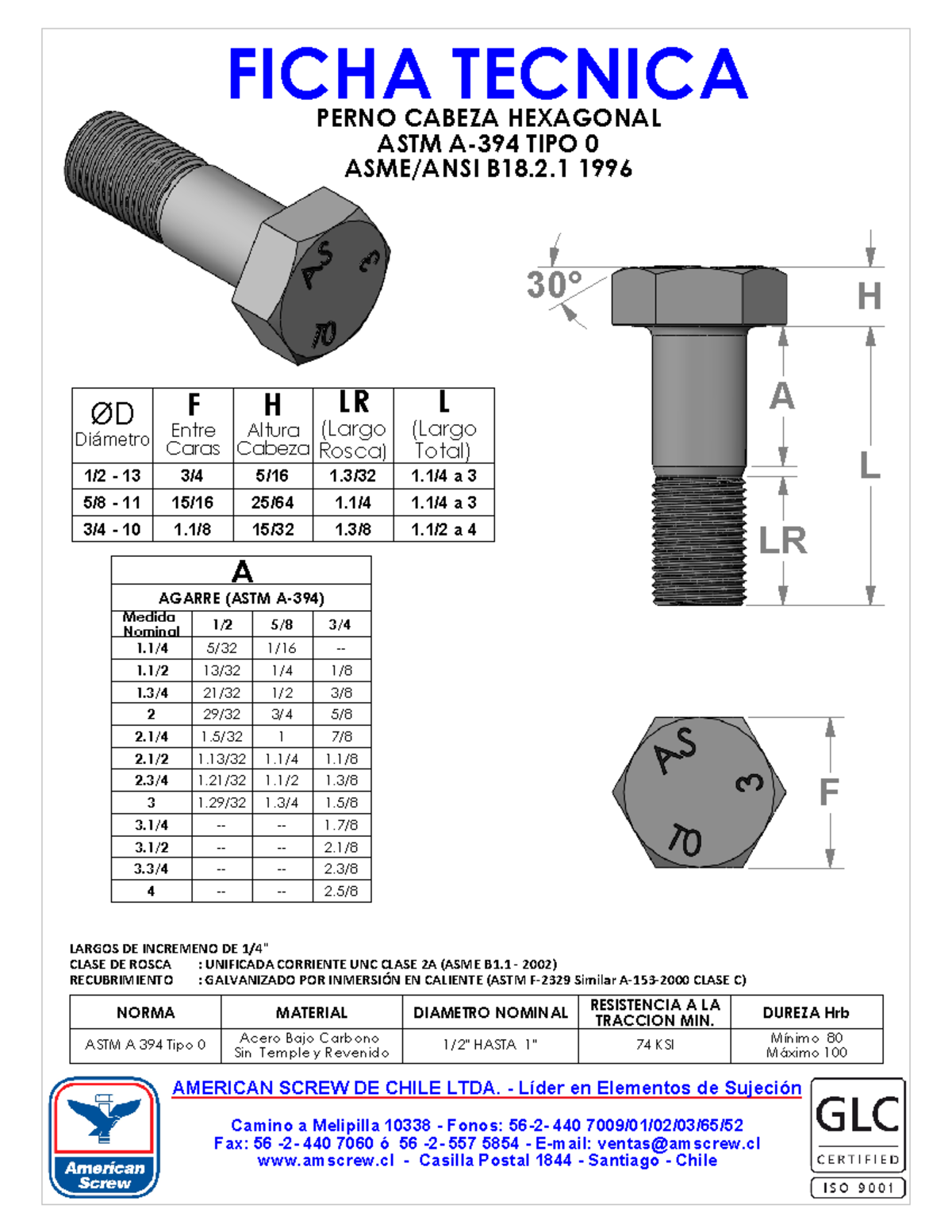 Ficha Técnica Perno Hexagonal ASTM A-394 Tipo 0 y Especificaciones - Studocu