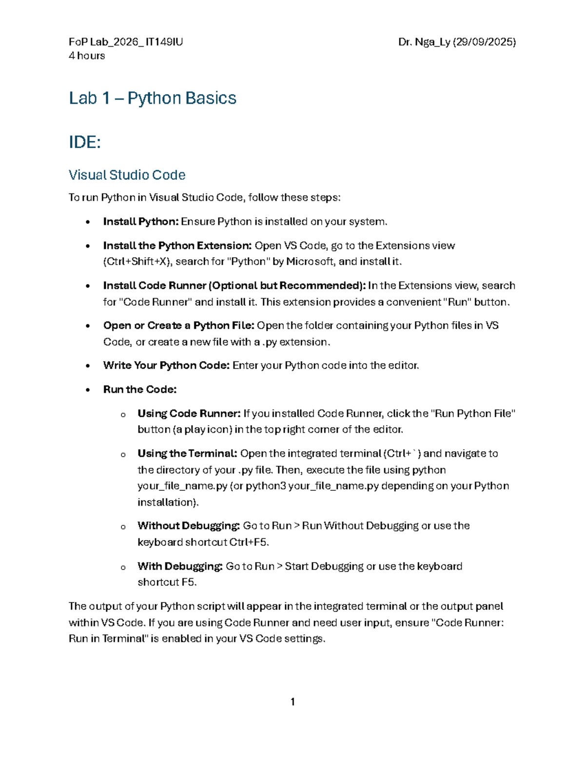 FoP Lab 2026 IT149IU - Python Basics in Visual Studio Code & PyCharm ...