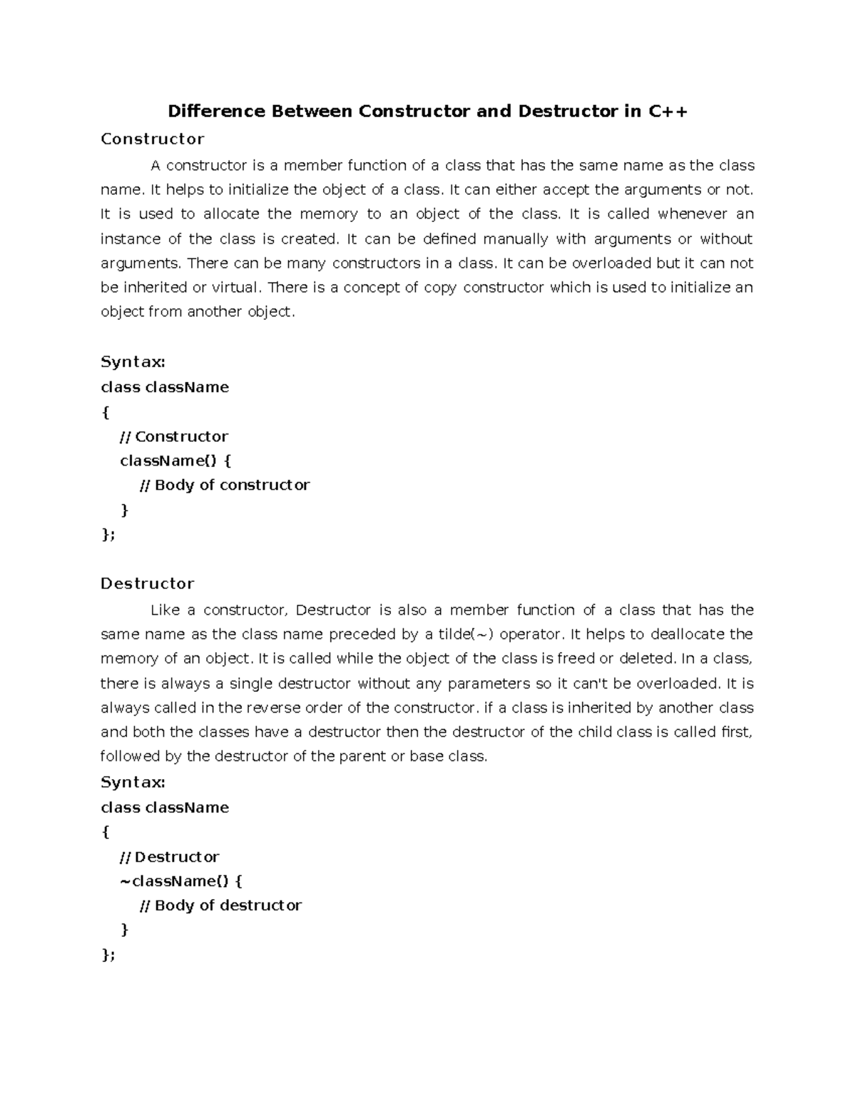 Difference Between Constructor and Destructor in C++ - Studocu