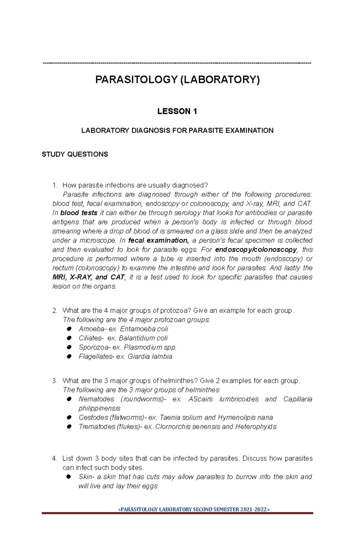 Parasitology LAB: Lab Diagnosis & Parasite Exam Study Guide - Medlabsci ...