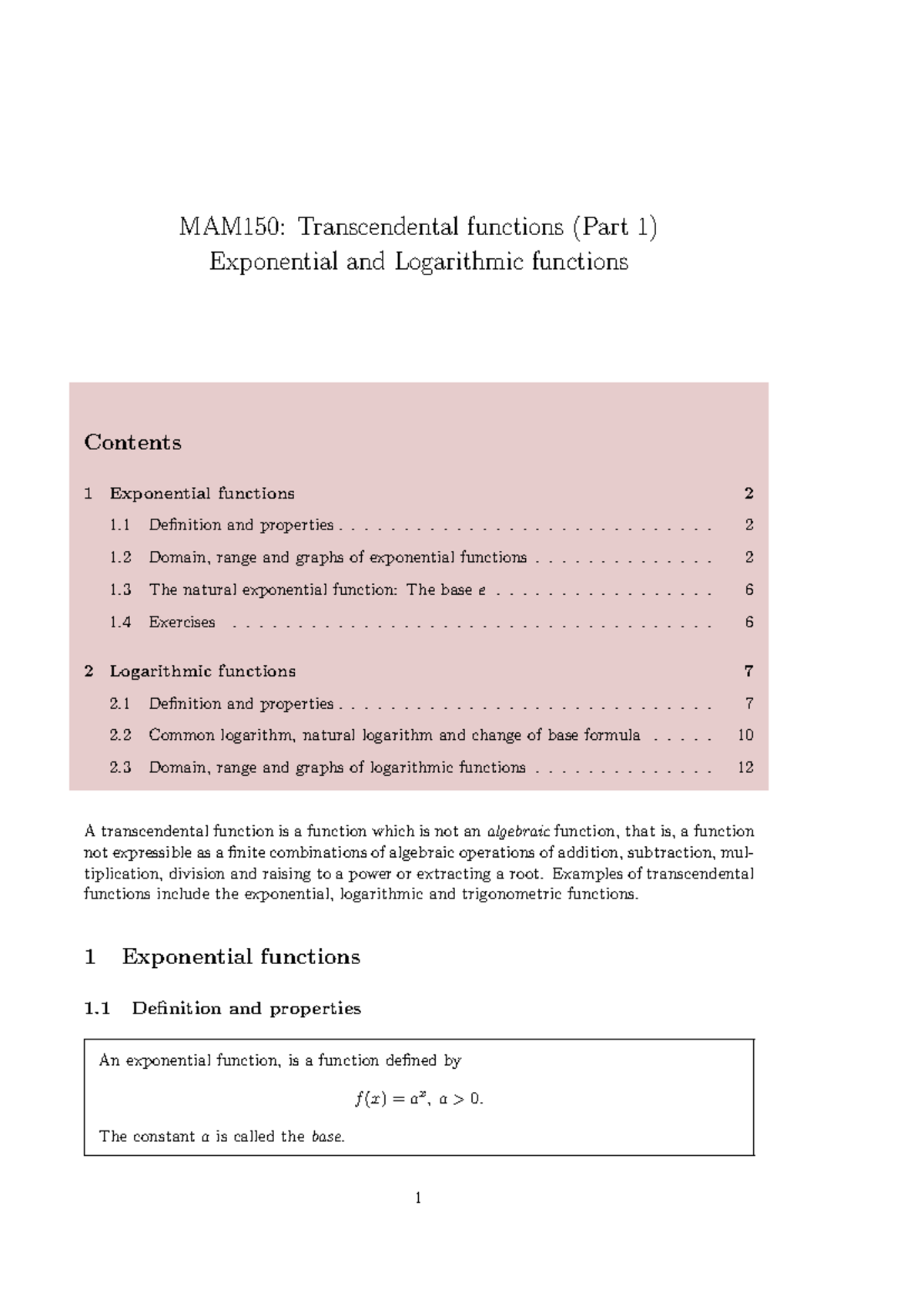 MAM150: Lecture Notes on Transcendental Functions Overview - Studocu