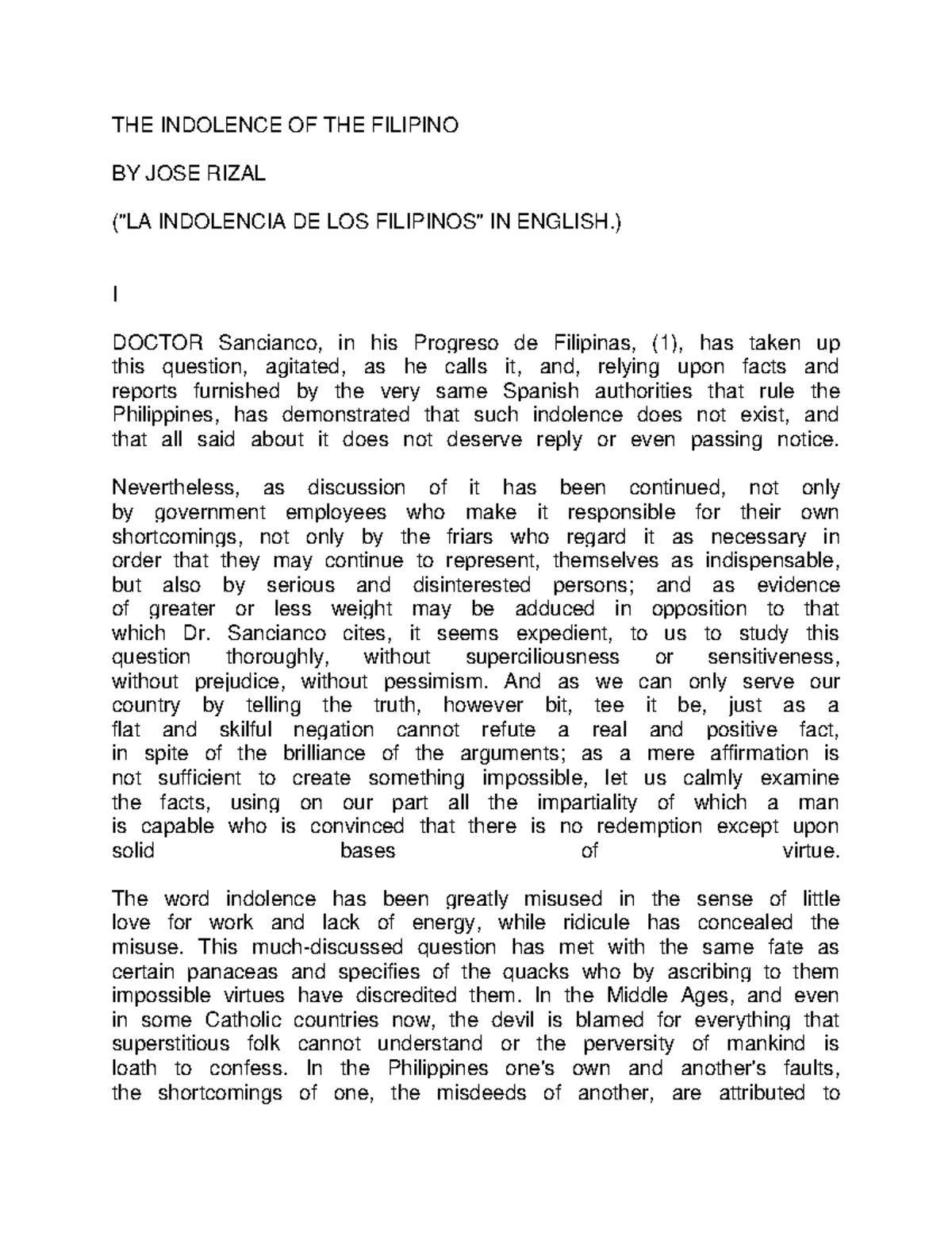 The Indolence of the Filipino: A Critical Analysis of Rizal's Views ...
