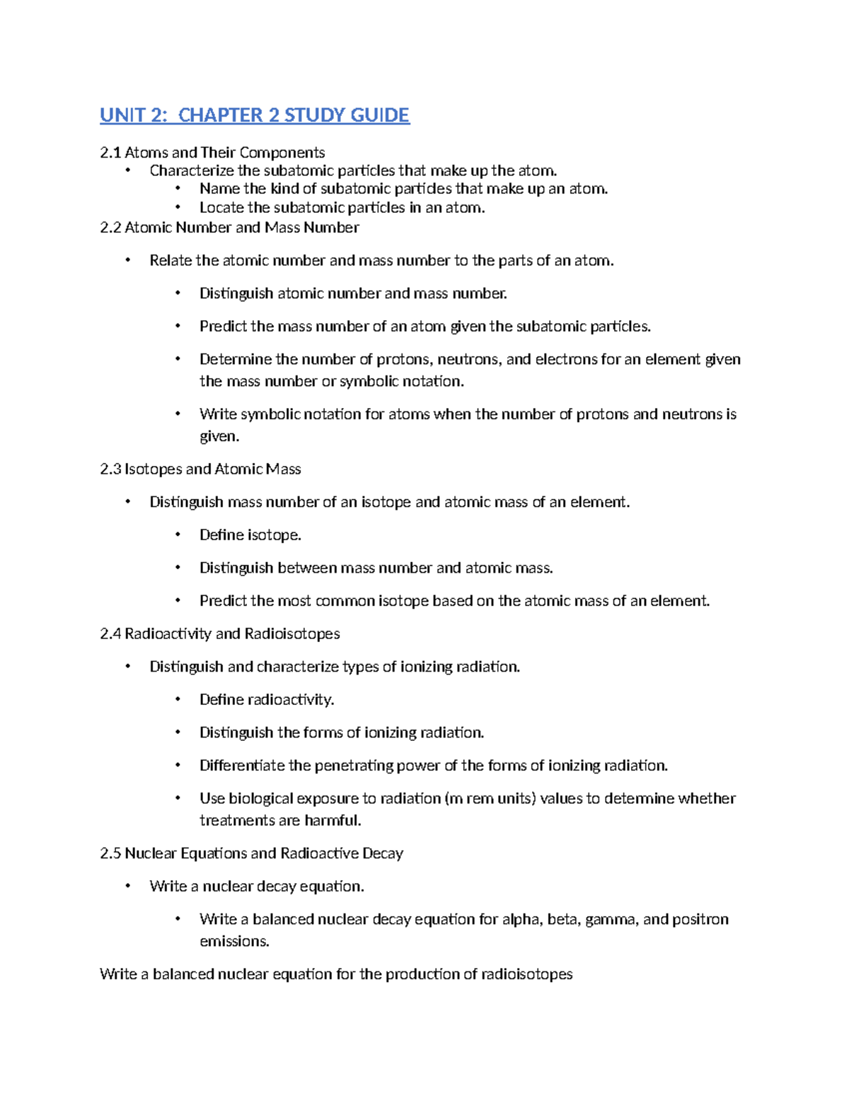 Unit 2: Chapter 2 Study Guide on Atoms and Radioactivity - UNIT 2 ...